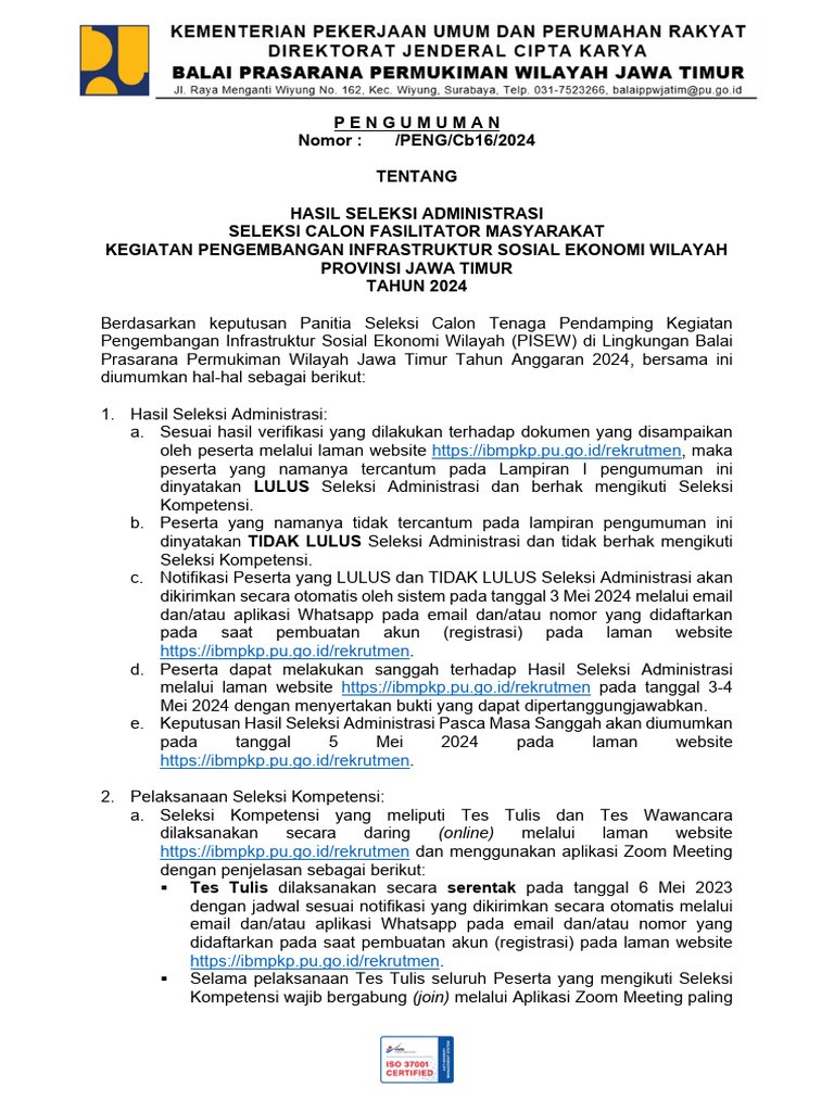 Hasil Seleksi Administrasi PISEW 2024 | PDF