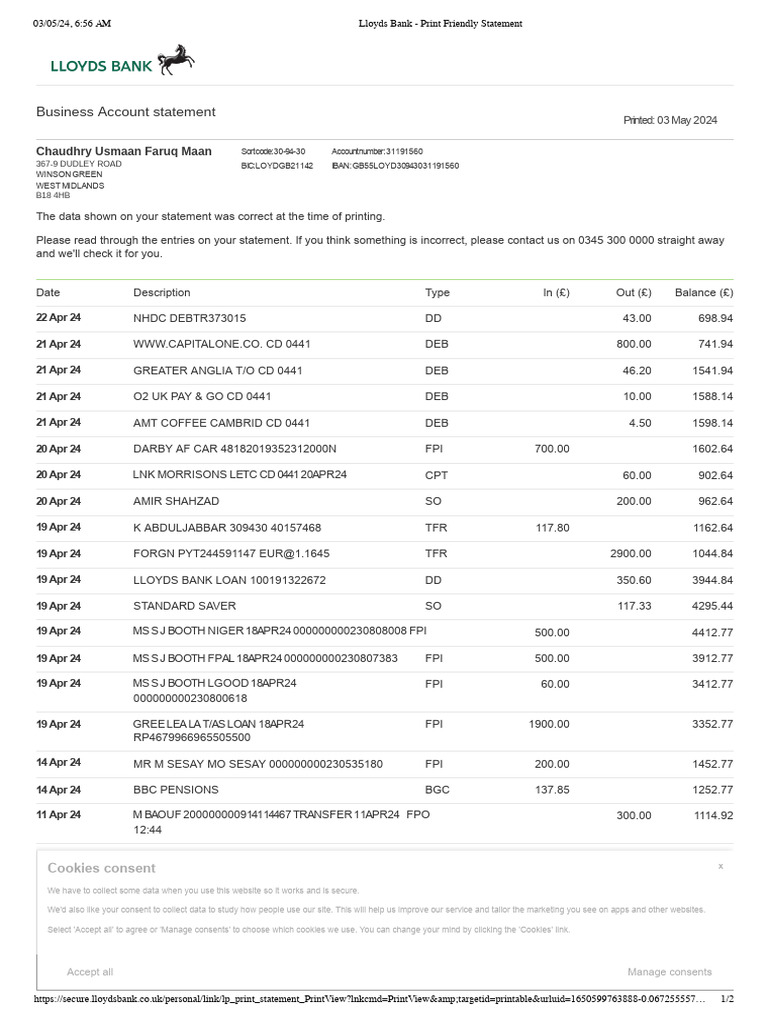 Lloyds Bank Print Friendly Statement | PDF | Http Cookie | Banking