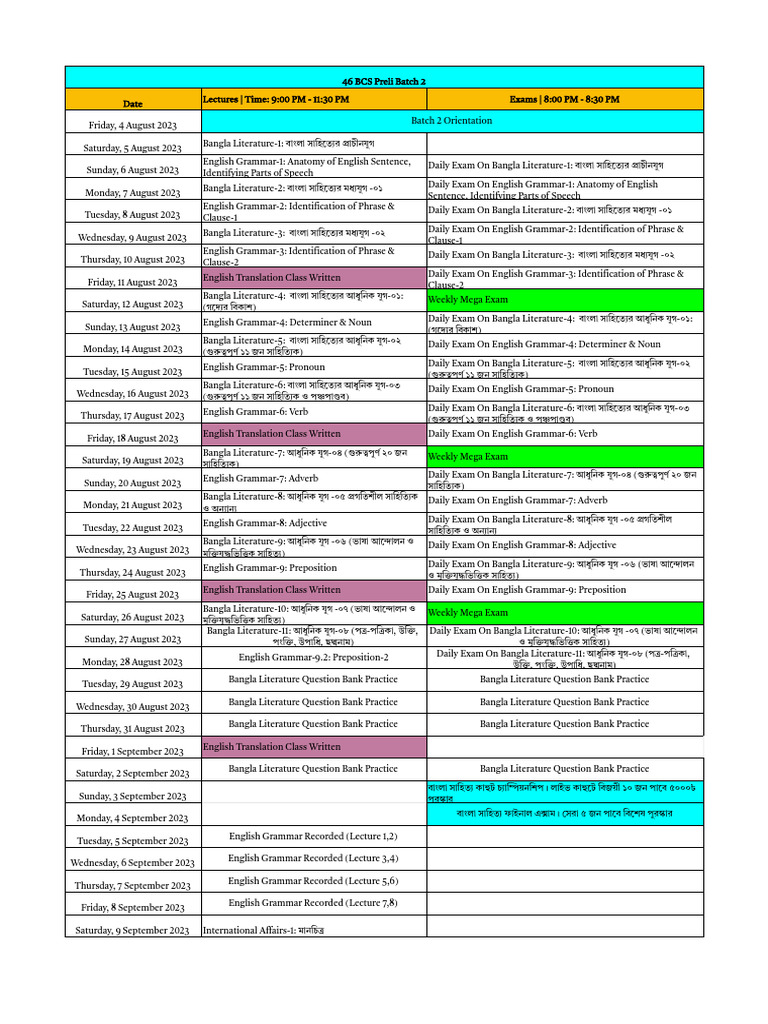 46 BCS Preli Regular Batch Routine - Batch 2 | PDF