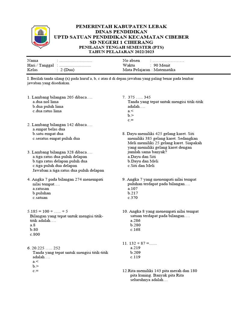PTS Kelas 2 MTK | PDF