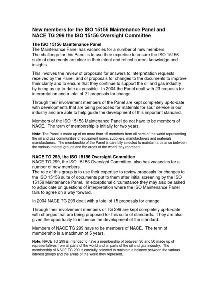 ISO-TC 67 - 08. New - Members - Needed - For - The - ISO - 15156 - Maintenance - Panel - and ...
