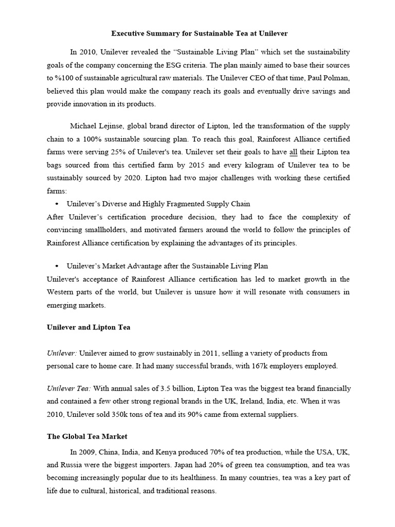 Executive Summary - Sustainable Tea at Unilever 2023 | Download Free ...