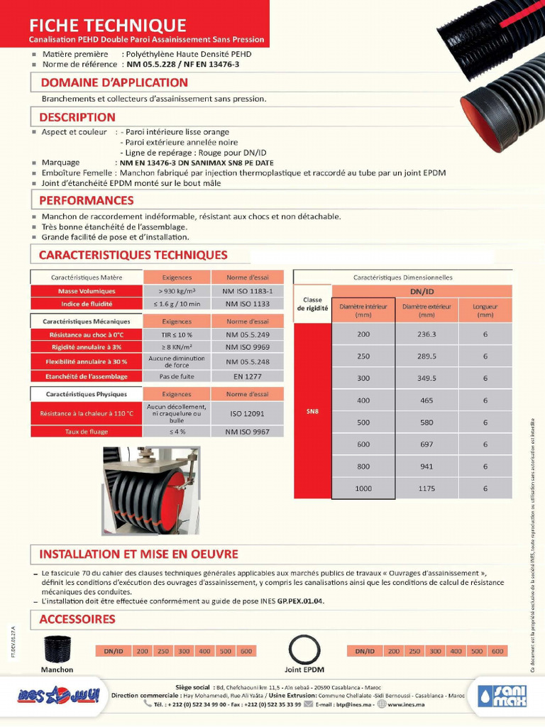 FICHE TECHNIQUE TUBE DP ASSAINISSEMENT PEHD ID SANIMAX (Nouvelle Version) | PDF