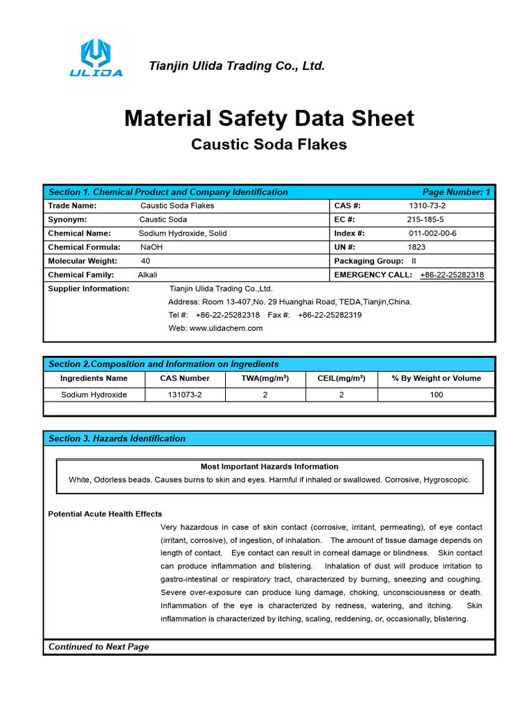 TJ Ulida MSDS-CAUSTIC SODA FLAKES | PDF | Sodium Hydroxide | Acid
