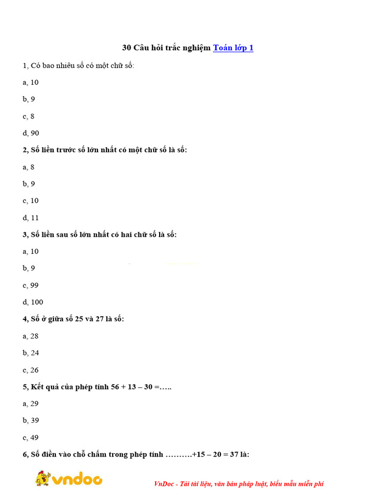 30 Cau Hoi Trac Nghiem Toan Lop 1 2 | PDF