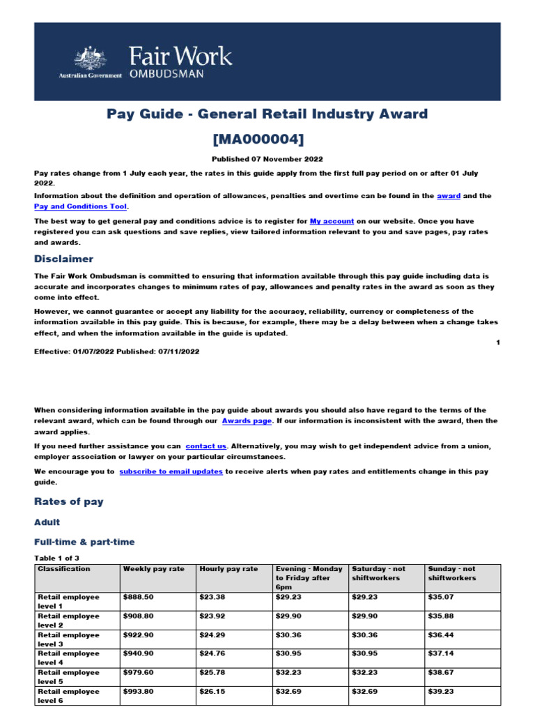 General Retail Industry Award Ma000004 Pay Guide | Download Free PDF ...