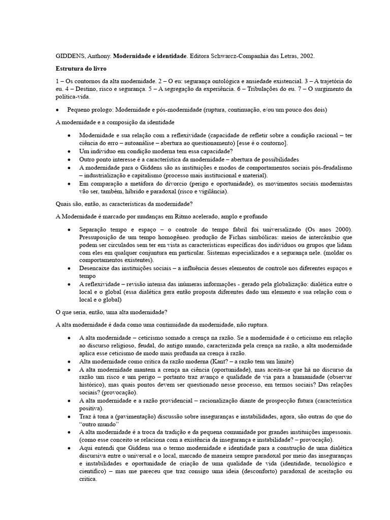 2.fichamento - GIDDENS, A. (Funcionalista) | PDF | Modernidade | Sociologia
