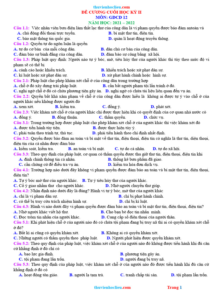 De Cuong On Tap GDCD 12 Cuoi HK2 Nam 2022 | PDF