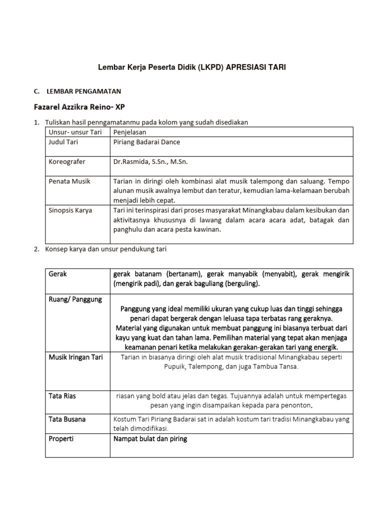 LKPD Apresiasi Tari Kelas X Sem Genap 2024-Fazarel Azzikra Reino | PDF