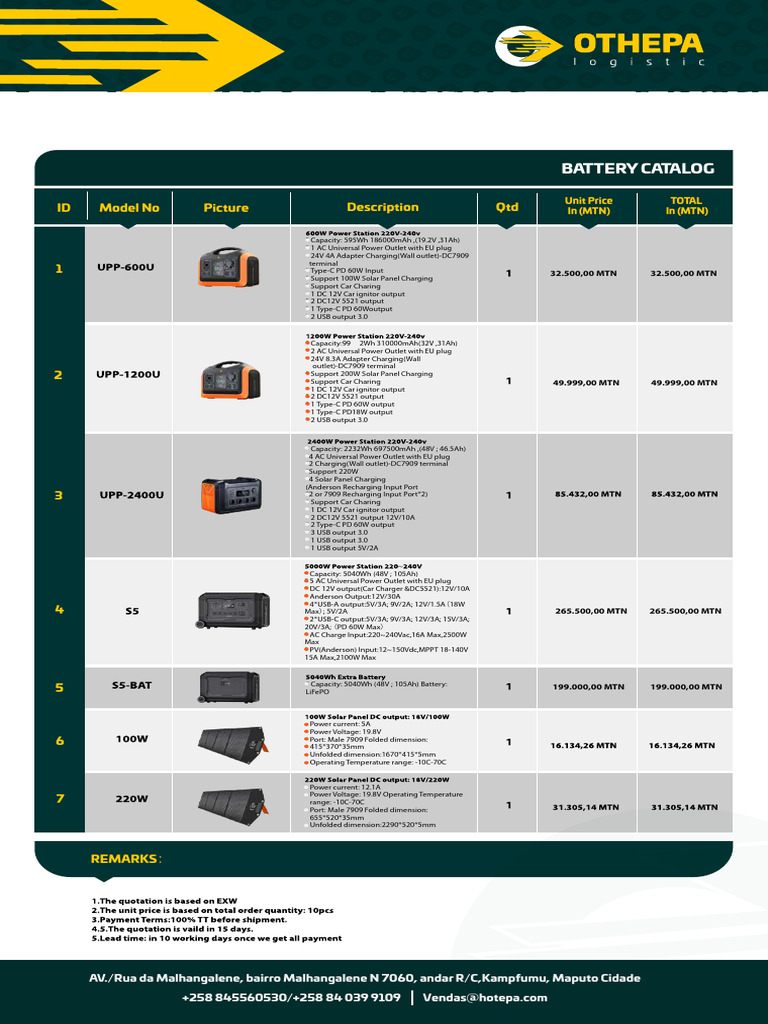 Othepa Logistics Mocambique INVOICE - POWER - (Catalog) | PDF | Battery ...