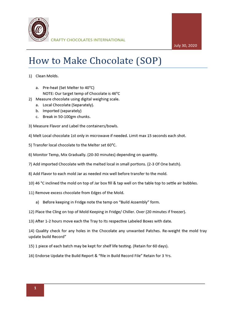 Chocolate Production SOP Guide | PDF