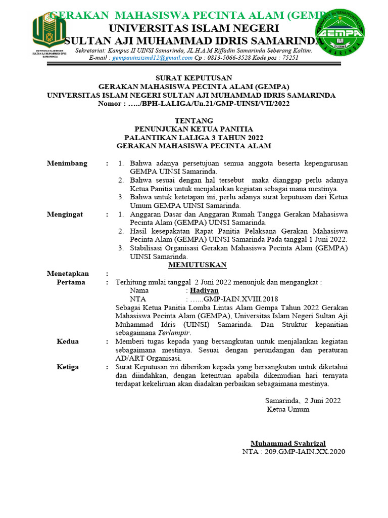 Surat Keputusan Ketua Panitia | PDF