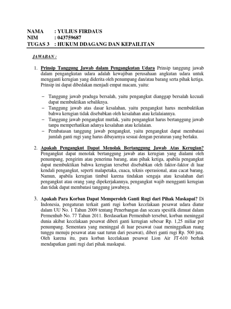 Tugas 3 Hukum Dagang Dan Kepailitan Yulius Firdaus | PDF | Bisnis | Pengelolaan Keuangan & Uang