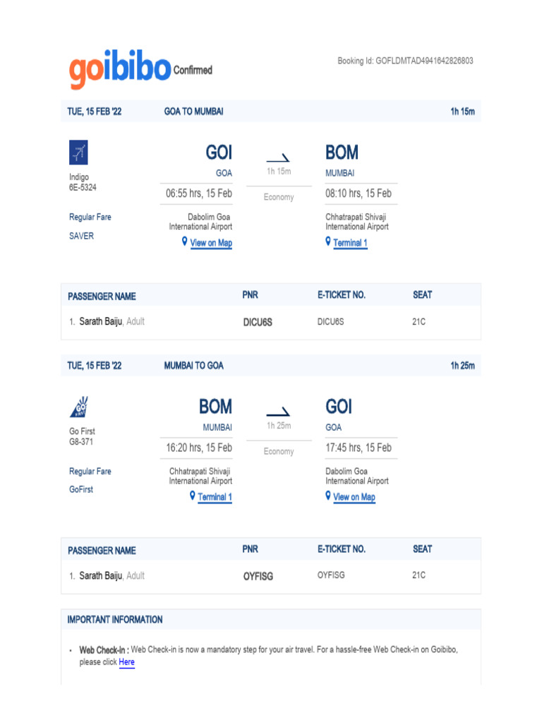 GOIBIBO Booking 15th Feb | Download Free PDF | Identity Document | Airport