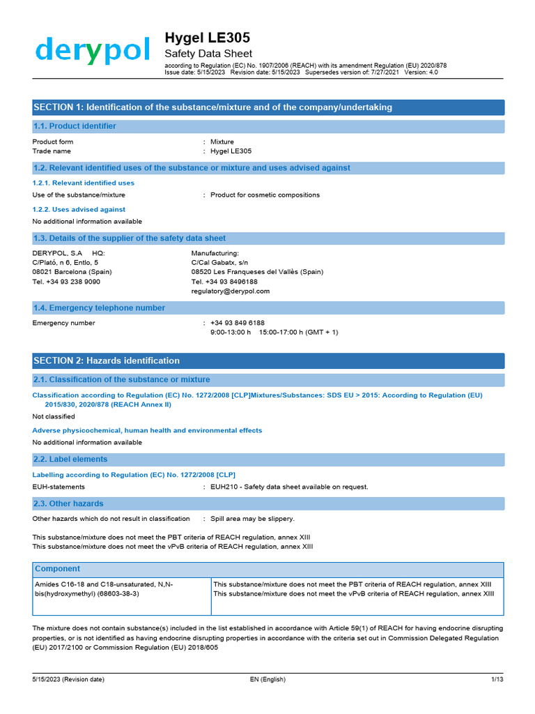 Hygel LE305 Safety Data Sheet | PDF | Chemical Substances | Chemistry