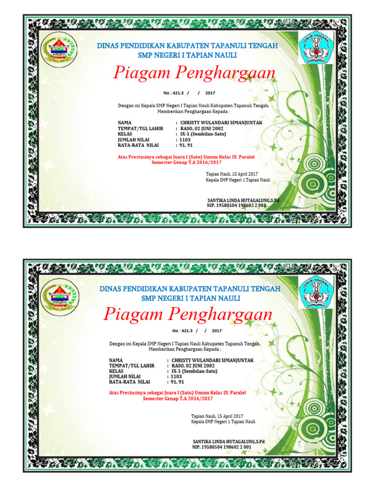 Piagam Penghargaan OSIS SMP Nauli | PDF
