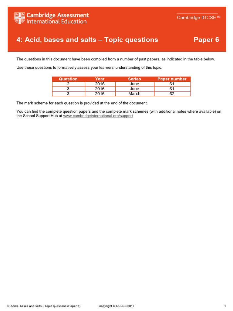 4: Acid, Bases and Salts - Topic Questions Paper 6: Year Series Paper ...