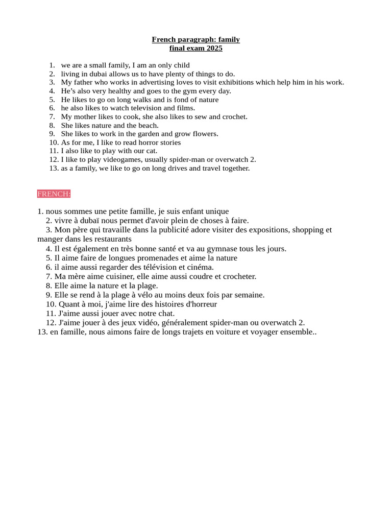 French FAMILY Paragraph | PDF