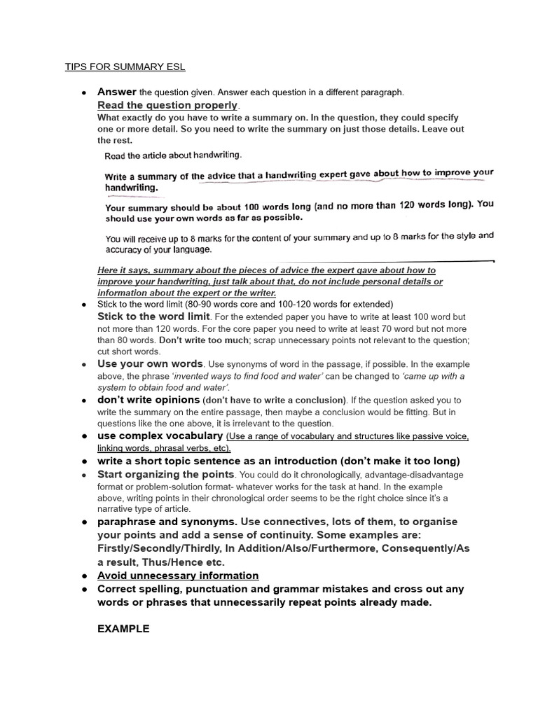 TIPS FOR SUMMARY ESL IGCSE ESL | PDF