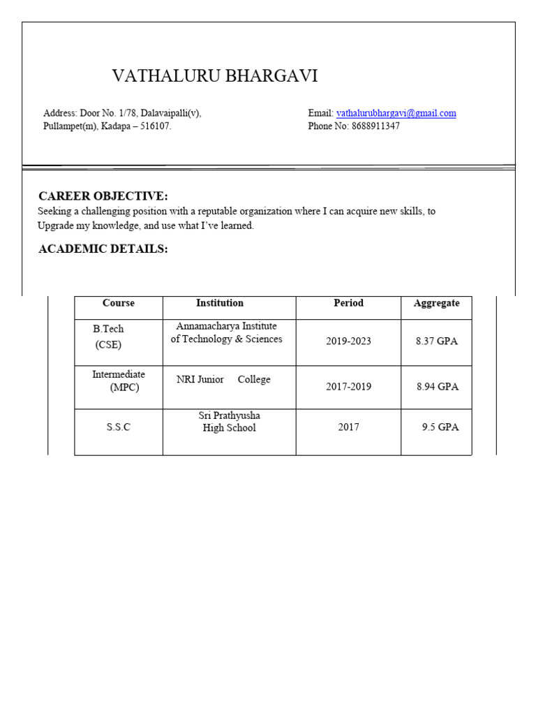 V.Bhargavi Resume | PDF | World Wide Web | Internet & Web