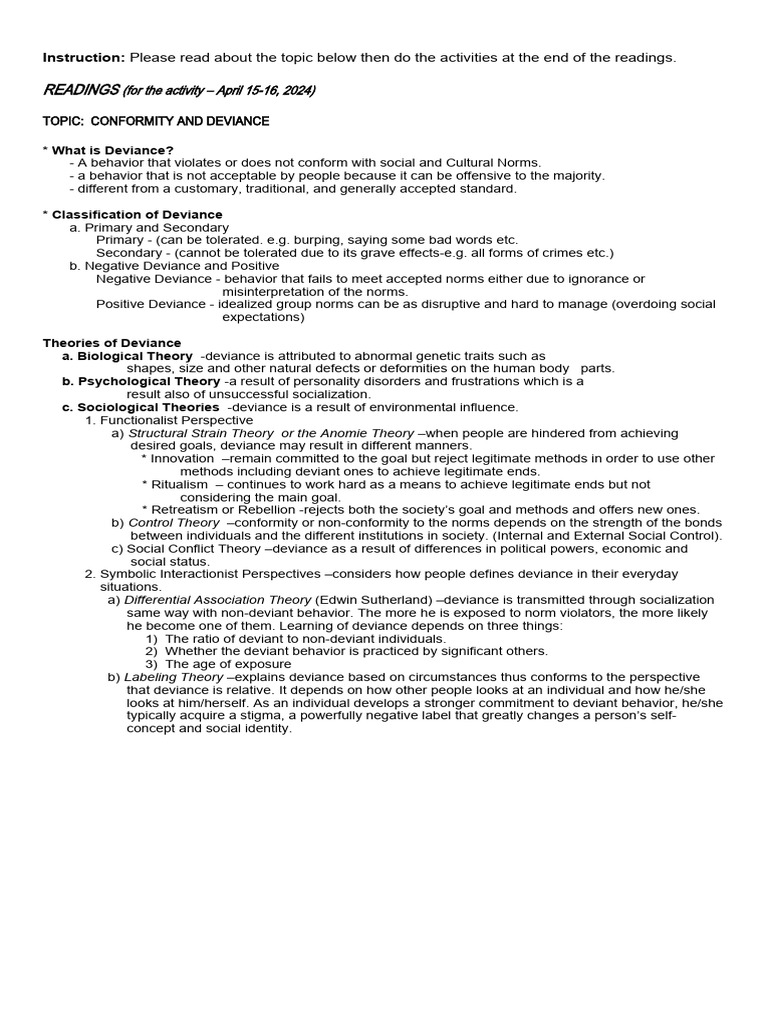 UCSP Readings Avtivities STEM 11a | PDF | Deviance (Sociology) | Psychology