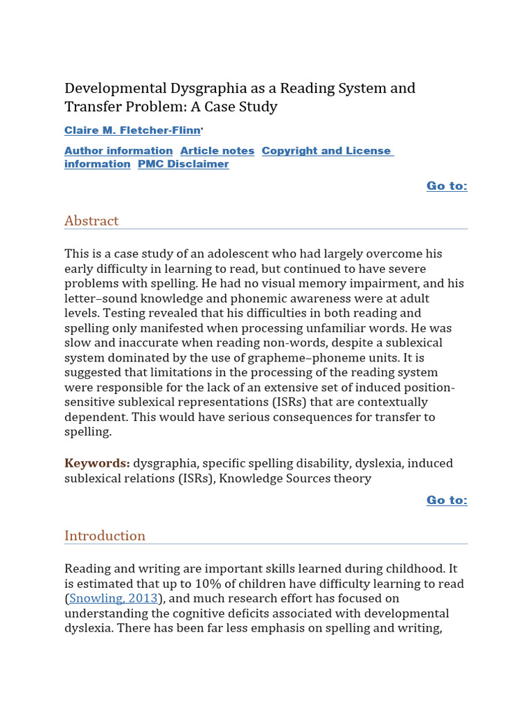 Developmental Dysgraphia As A Reading System and Transfer Problem Case Study | PDF | Dyslexia ...