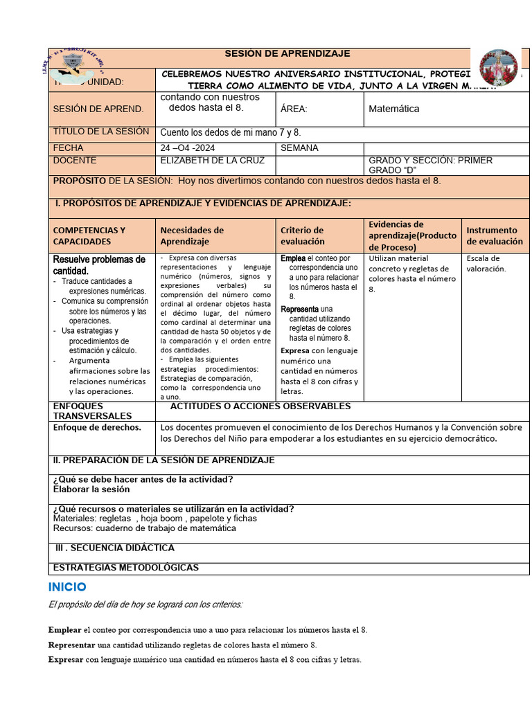 Sesion Mat 22-04-24 Cuento Hasta 8 y Arte | PDF | Aprendizaje | Evaluación