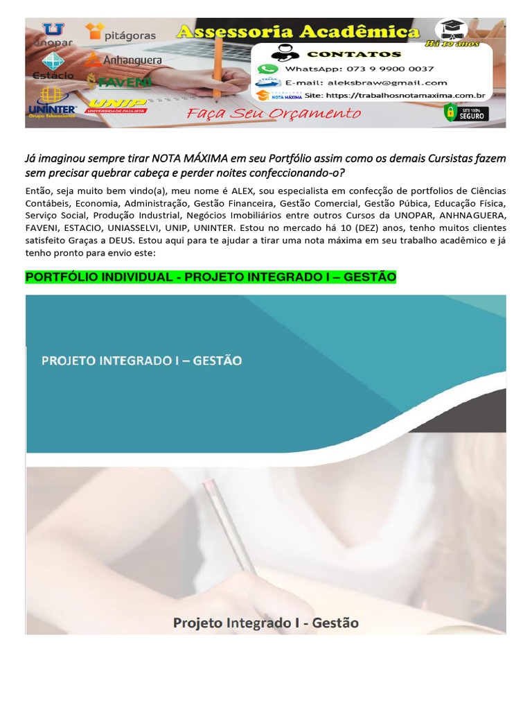 Portfólio Individual - Projeto Integrado I - Gestão | PDF