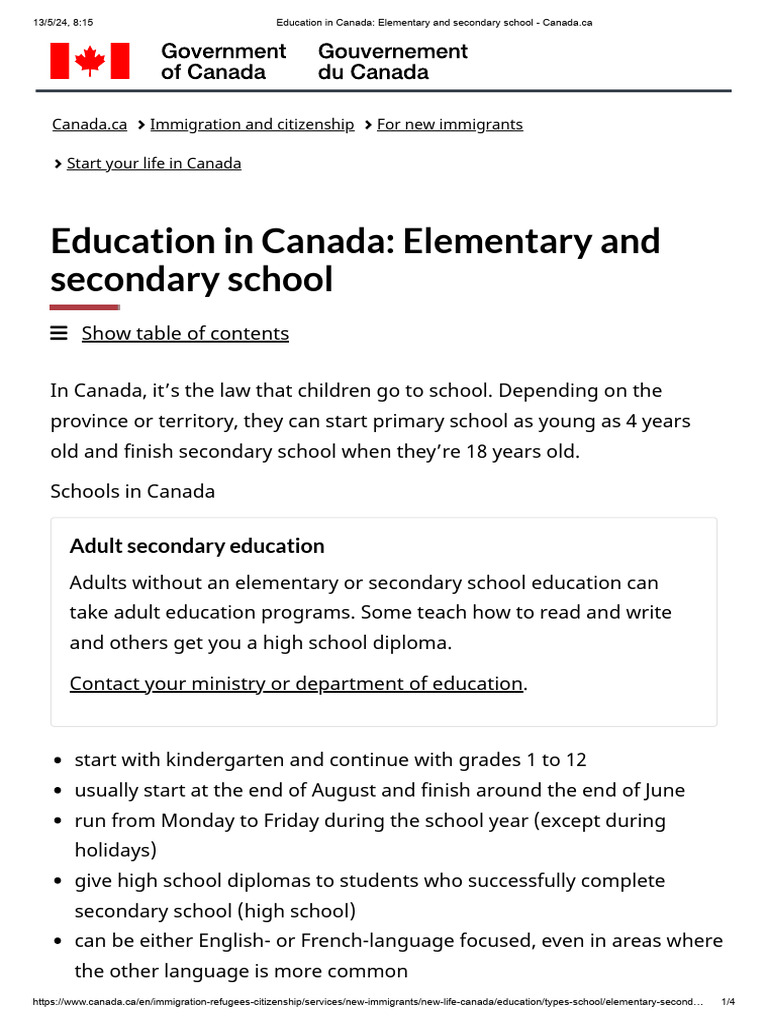 Education in Canada - Elementary and Secondary School - Canada - Ca ...