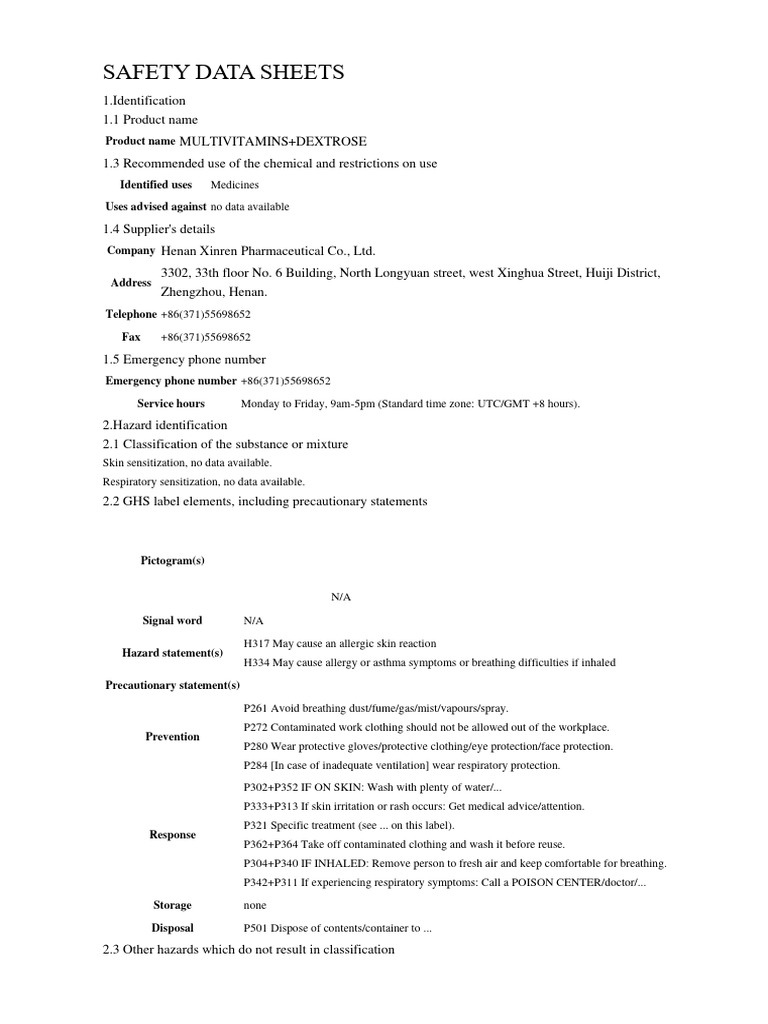 Multivitamins + Dextrose Safety Data Sheet | PDF | Personal Protective ...