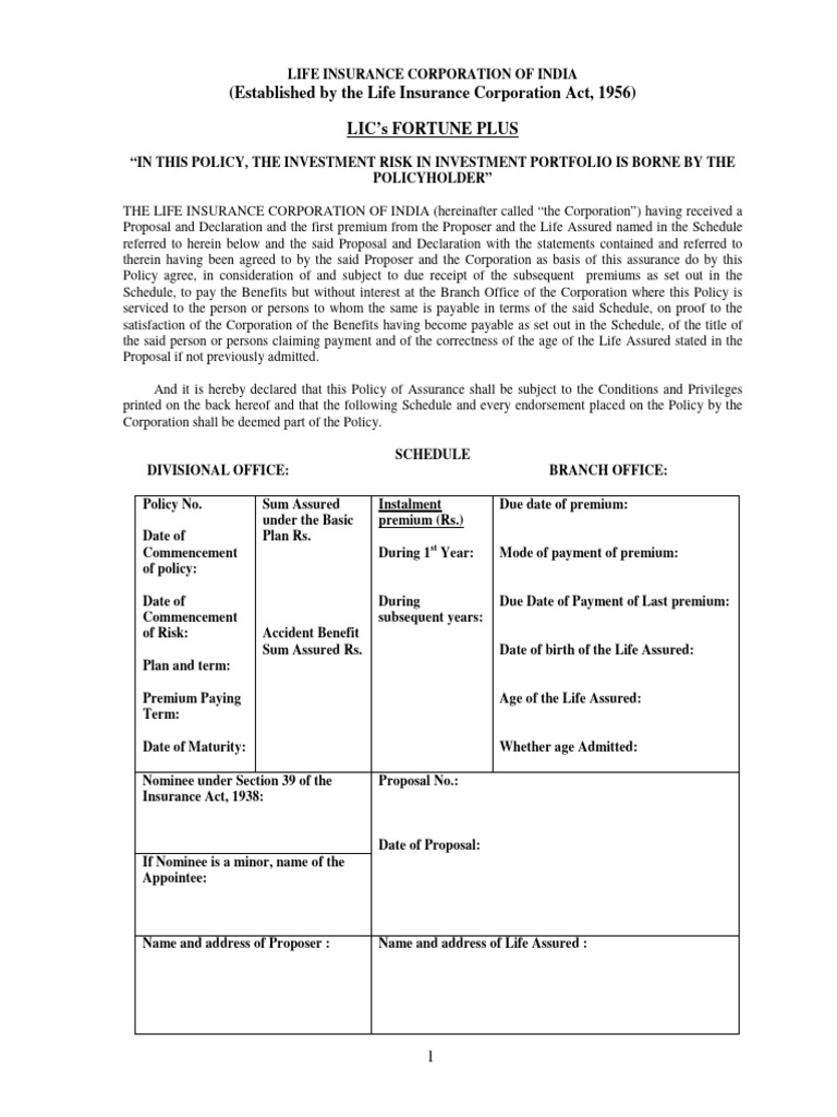 Policy Document Lic S Fortune Plus Pdf Insurance Life Insurance