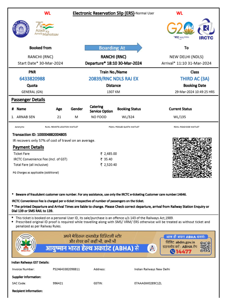 20839/Rnc Ndls Raj Ex Third Ac (3A) : WL WL | Download Free PDF | Identity Document