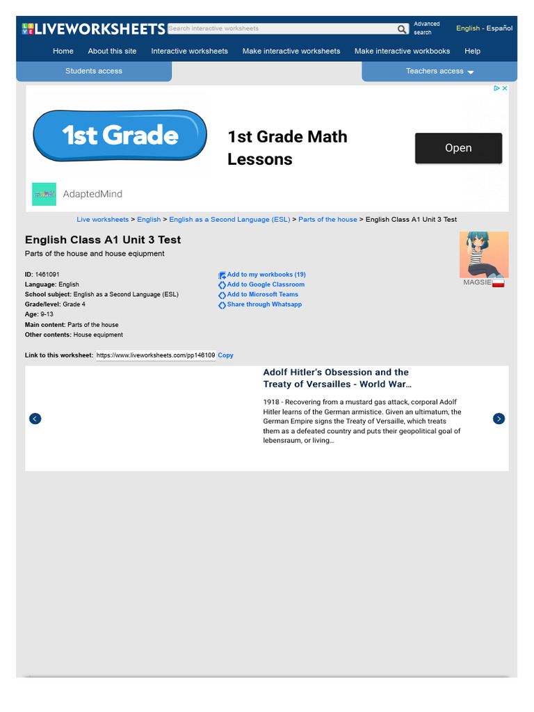English Class A1 Unit 3 Test Pdf Worksheet English As A Second Or