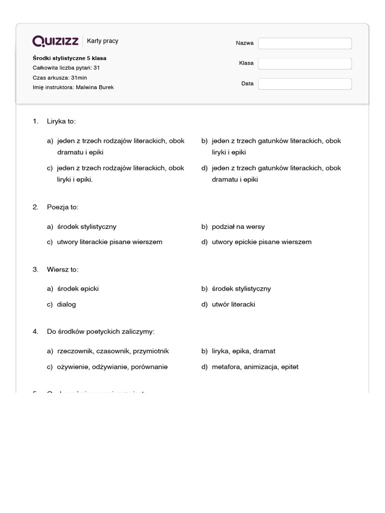 Środki Stylistyczne 5 Klasa | PDF