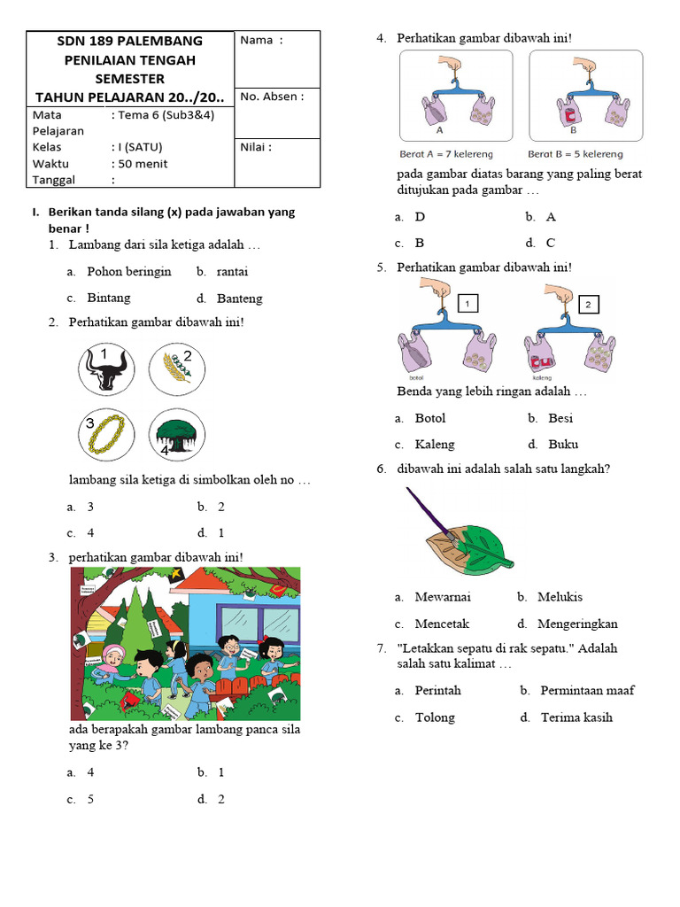 Soal PTS Kelas 1 Tema 6 Subtema 3 Dan 4 | PDF