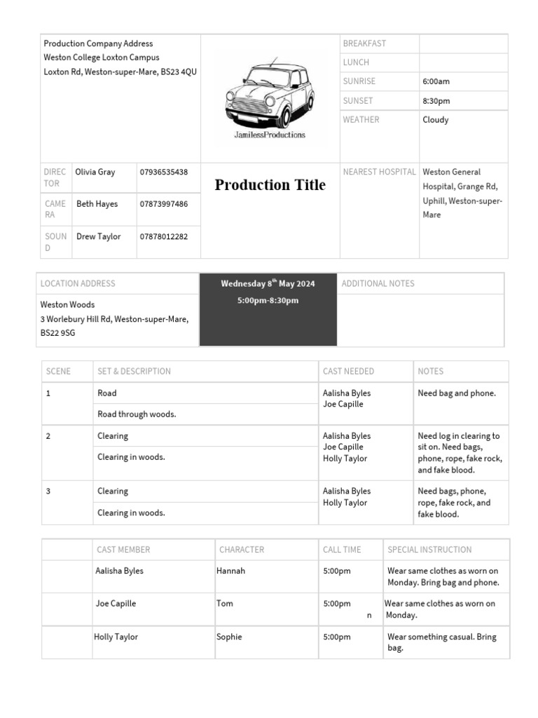 Short Film Call Sheet 3 | PDF
