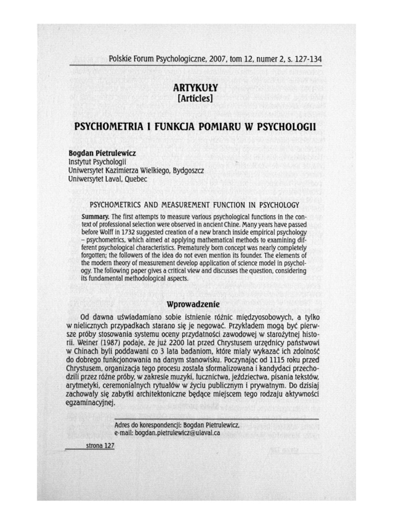 Bogdan Pietrulewicz Psychometria I Funkcja Pomiaru W Psychologii | PDF
