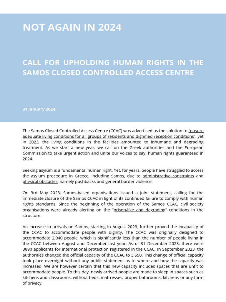 NOT AGAIN IN 2024 - Joint Statement On Samos CCAC | PDF | Refugee ...