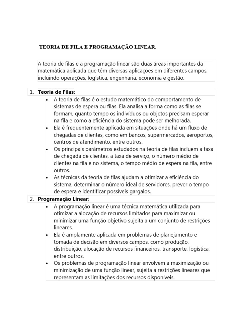 Teoria de Fila e Programação Linear | PDF | Programação linear | Matemática