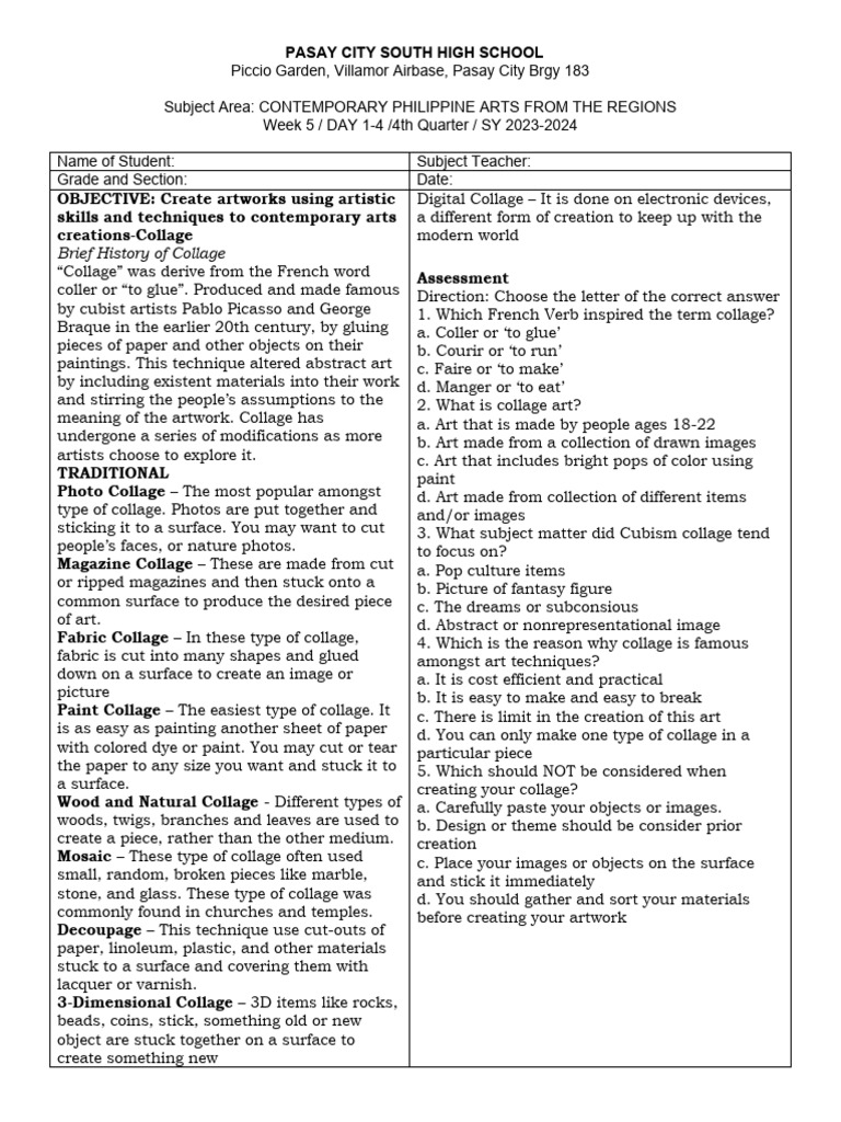 CPAR-WORKSHEET-Q4-W5 | PDF | Collage | Cubism