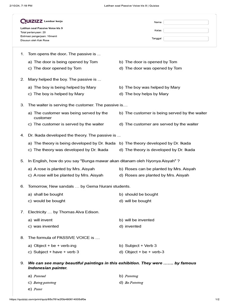 Latihan soal Passive Voice kls 9 _1 | PDF | Language Mechanics | Syntax Latihan soal Passive Voice kls 9 _1 | PDF | Language Mechanics | Syntax