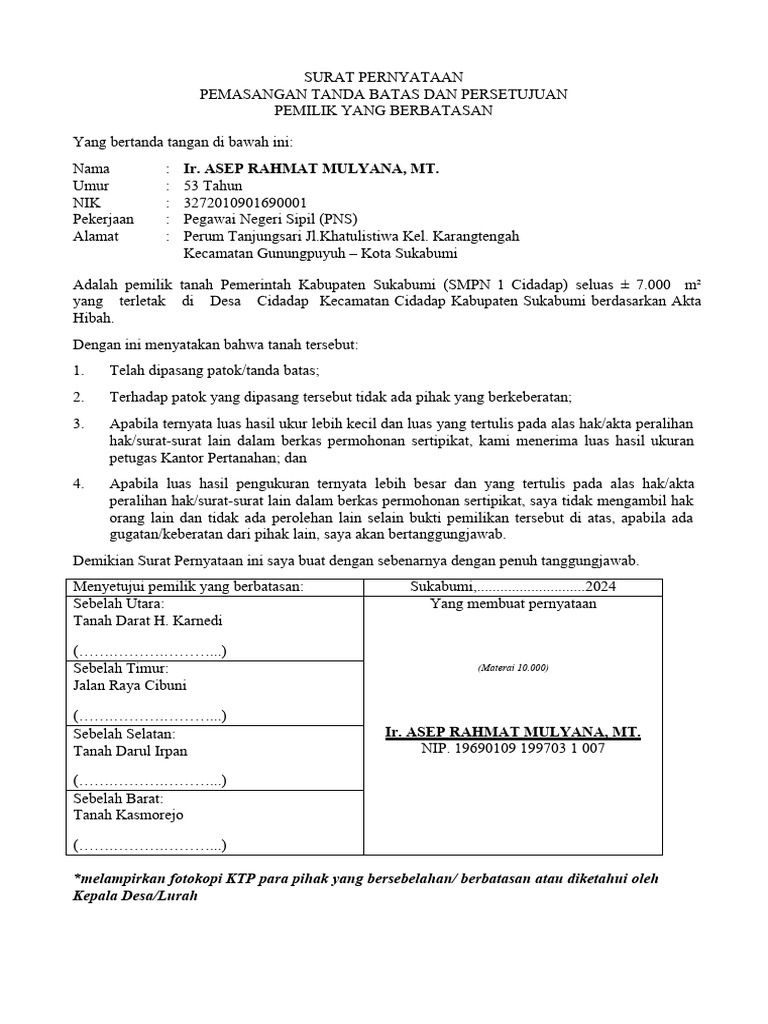 Surat Pernyataan Batas Tanah Sukabumi | PDF
