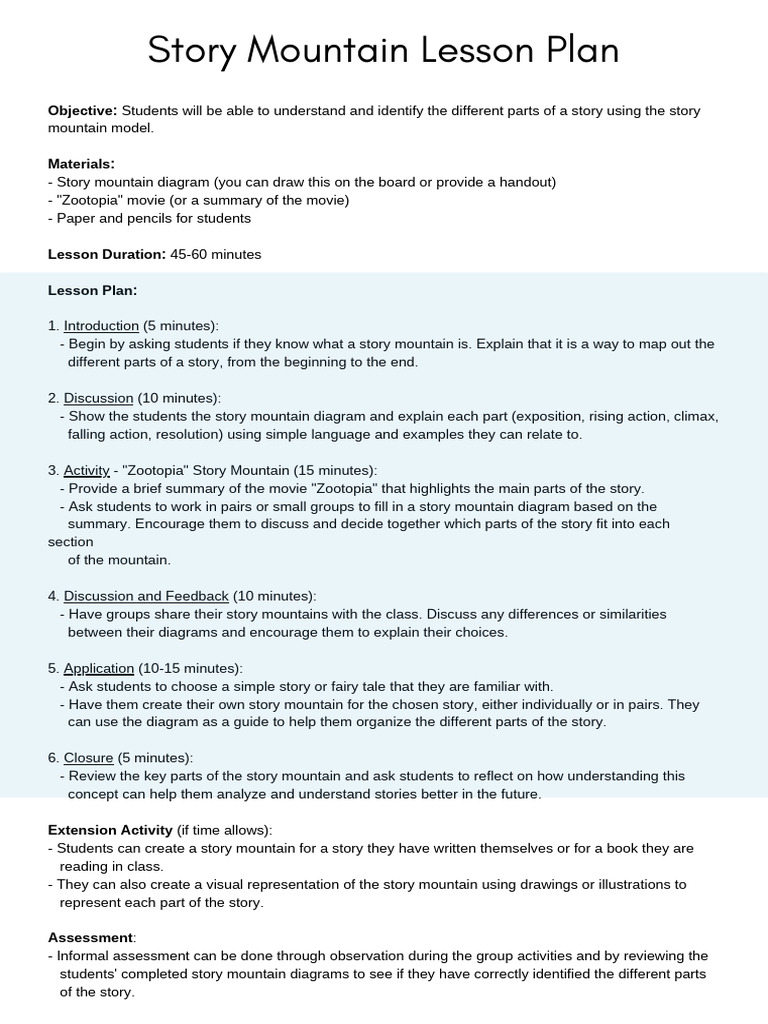 Story Mountain Teaching Lesson Plan | PDF | Cognition | Cognitive Science