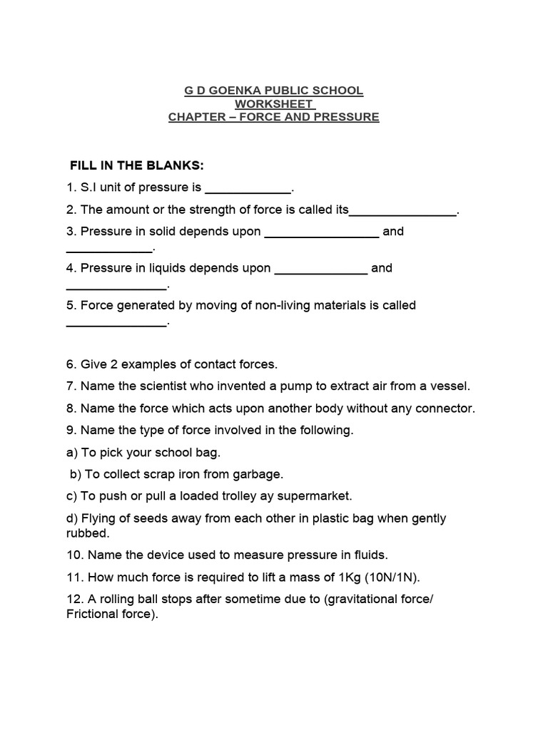 Force and Pressure Worksheet | PDF | Force | Pressure