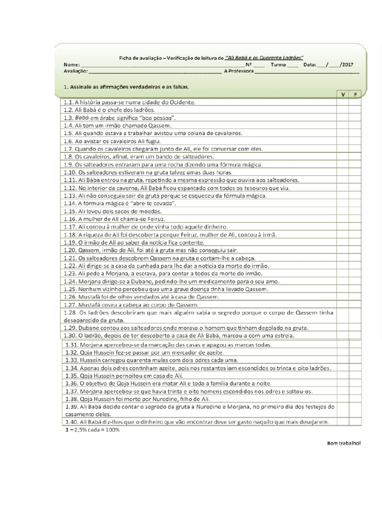 Ficha de verificação de leitura_ Ali Bába e os 40 ladrões | PDF