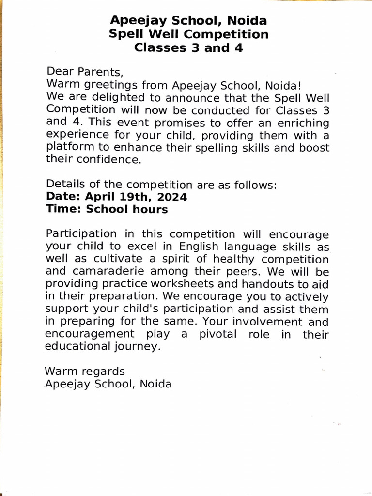 Spell Well Competition for Classes 3-4 | PDF