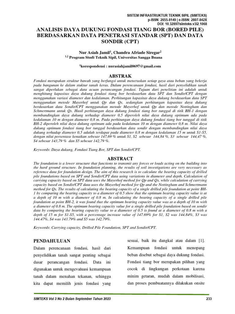 Analisis Daya Dukung Fondasi Tiang Bor (Bored Pile) Berdasarkan Data Spt Dan Cpt | PDF