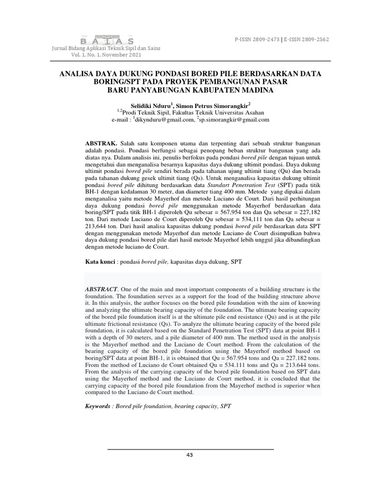 Jurnal Analisa Daya Dukung Pondasi Bored Pile Berdasarkan Data Boringspt Pada Proyek Pembangunan ...
