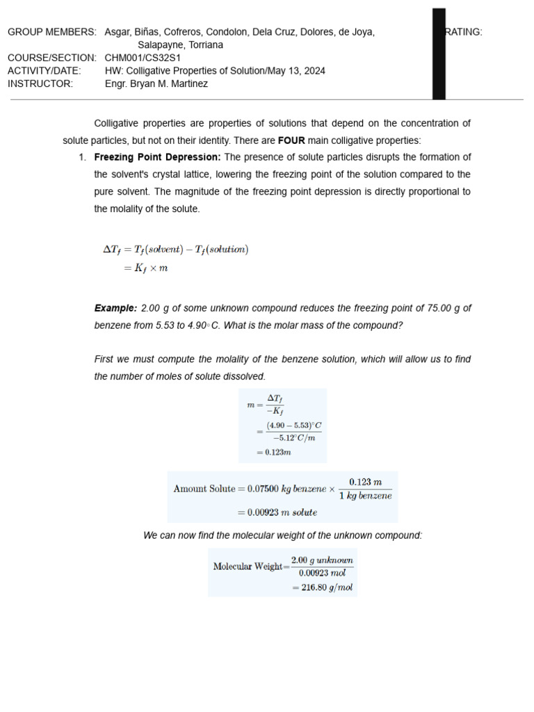 HW - Colligative Properties of Solution G5 | PDF | Concentration ...