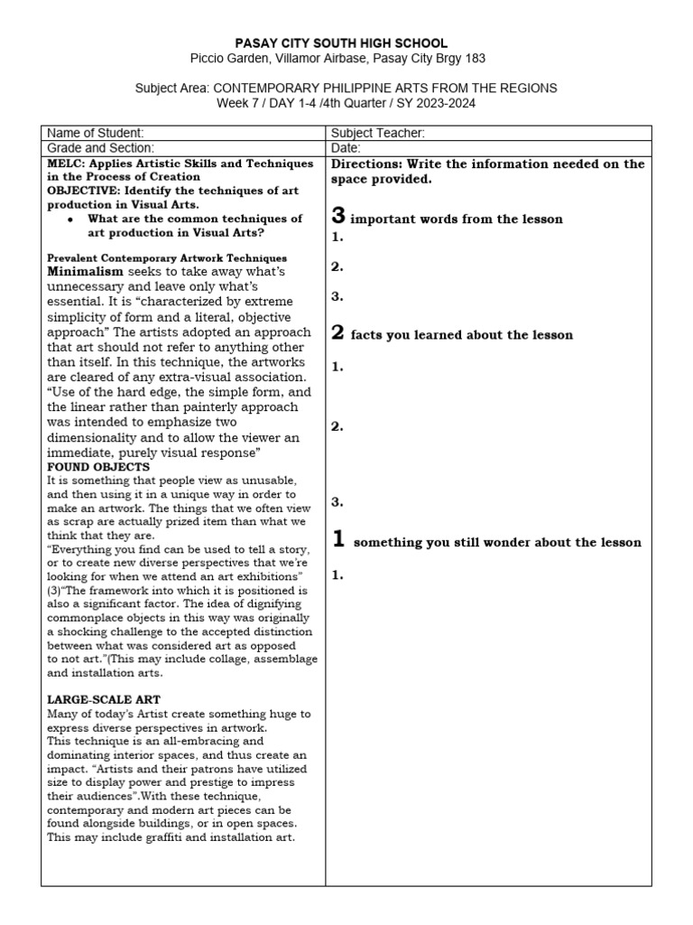 CPAR-WORKSHEET-Q4-W7 | PDF | Graffiti | Minimalism